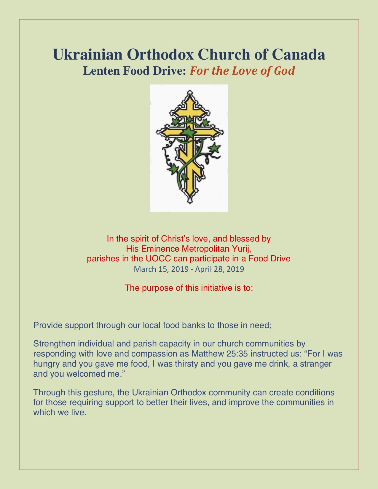 UOCC Great Lenten Food Drive - Ukrainian Orthodox Church of Canada (UOCC)